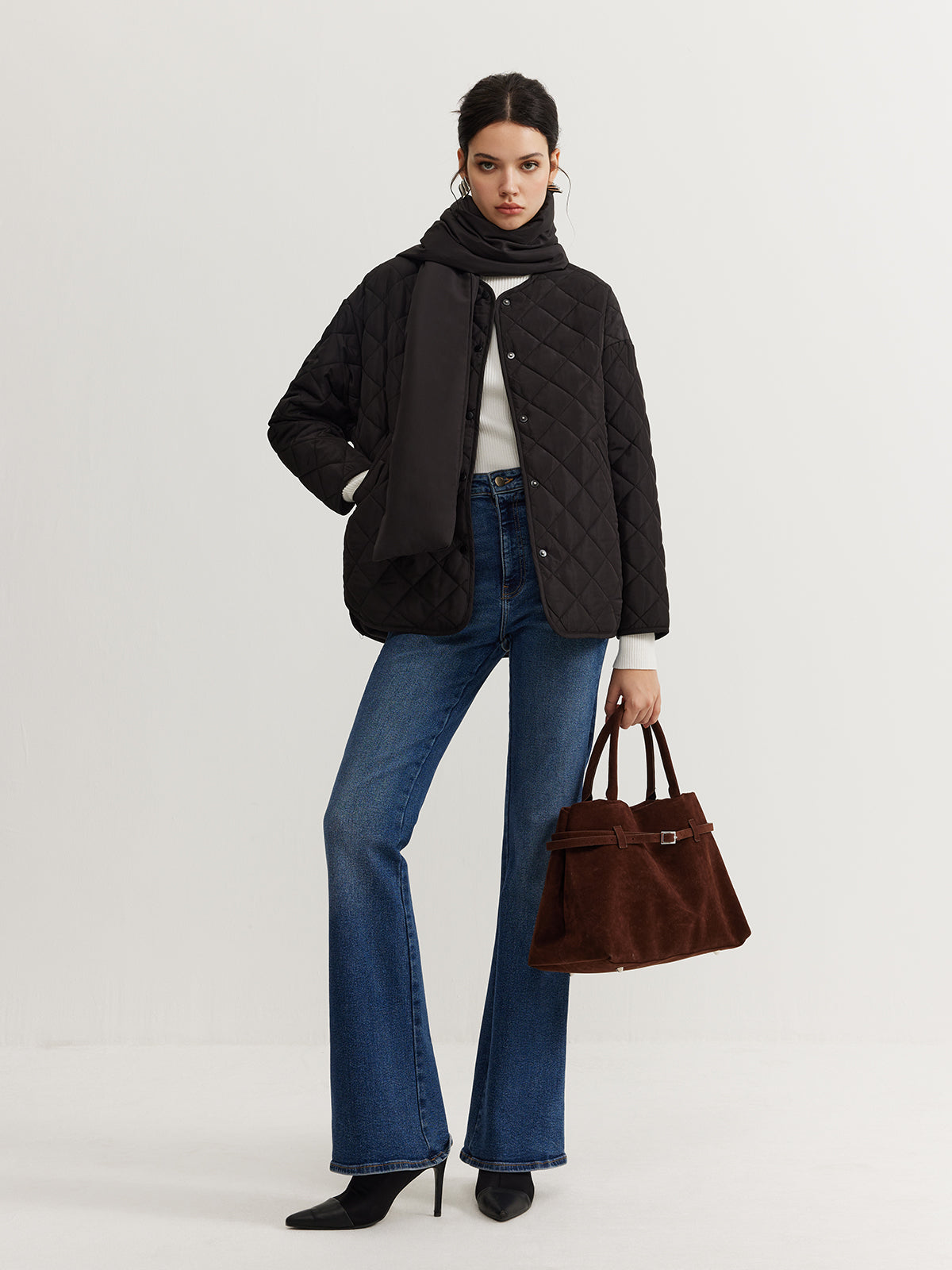 Plain Quilted Button Winter Coat With Matching Scarf – Classylooker