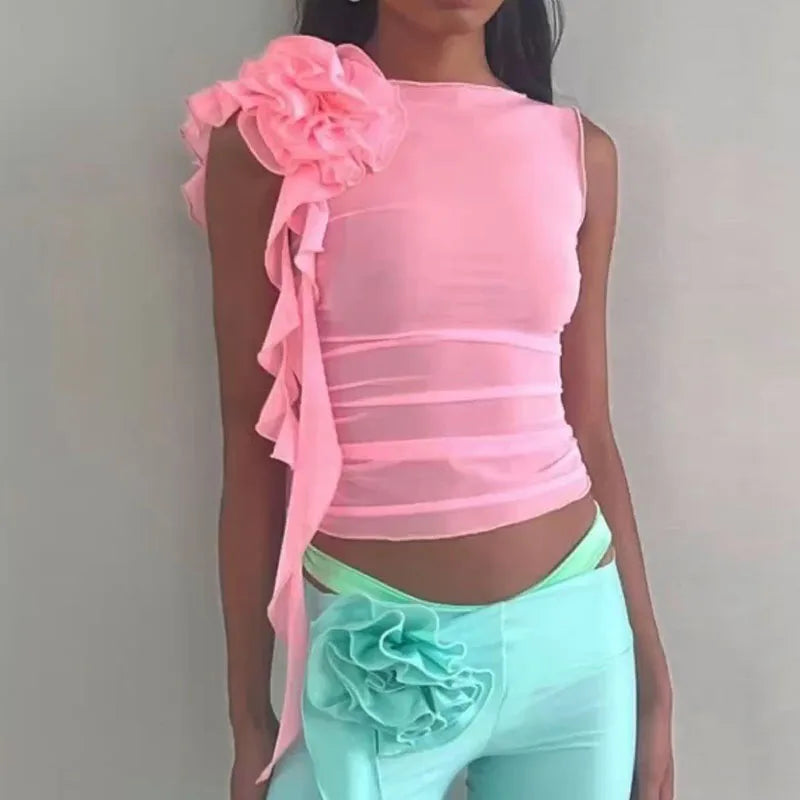 Ruffles Floral Mesh Sheer Chic Elegant See Through Slim Crop Top – Classylooker