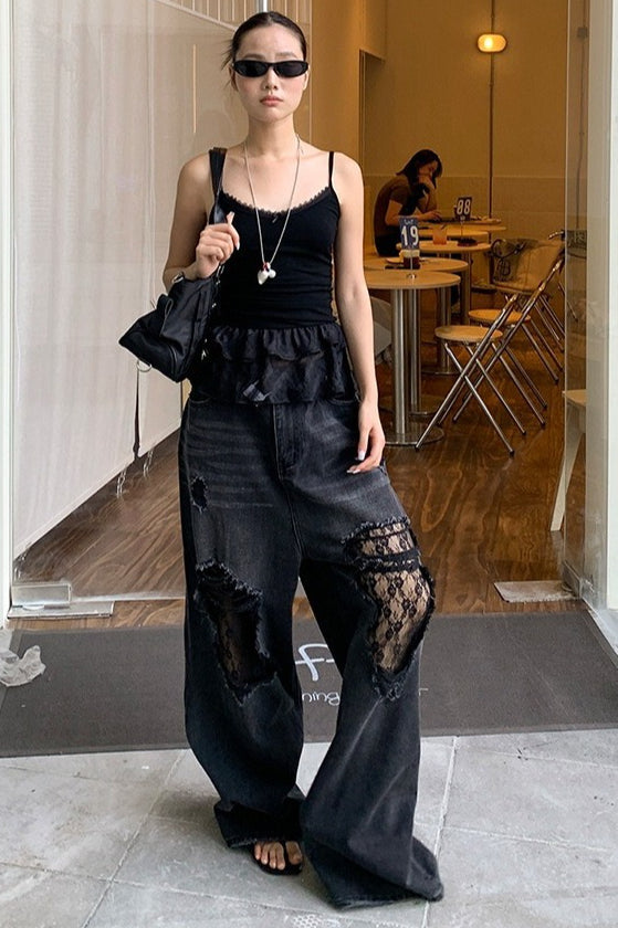 Lace Panel Ripped Wide Leg Jeans – Classylooker