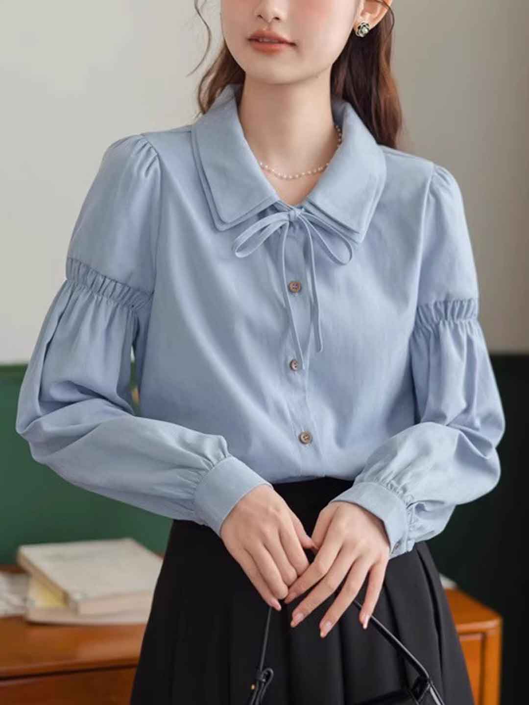 Hannah Classic Double Collar Tie Puff Sleeve Shirt – Classylooker