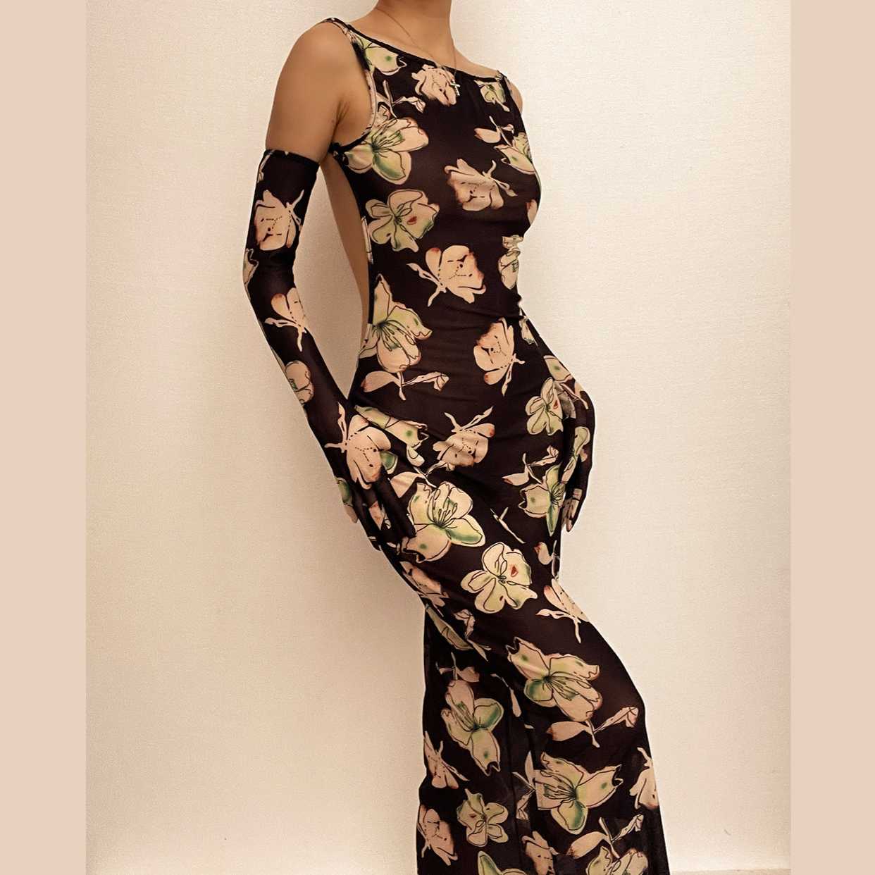 Sheer mesh sleeveless gloves backless flower pattern midi dress ...