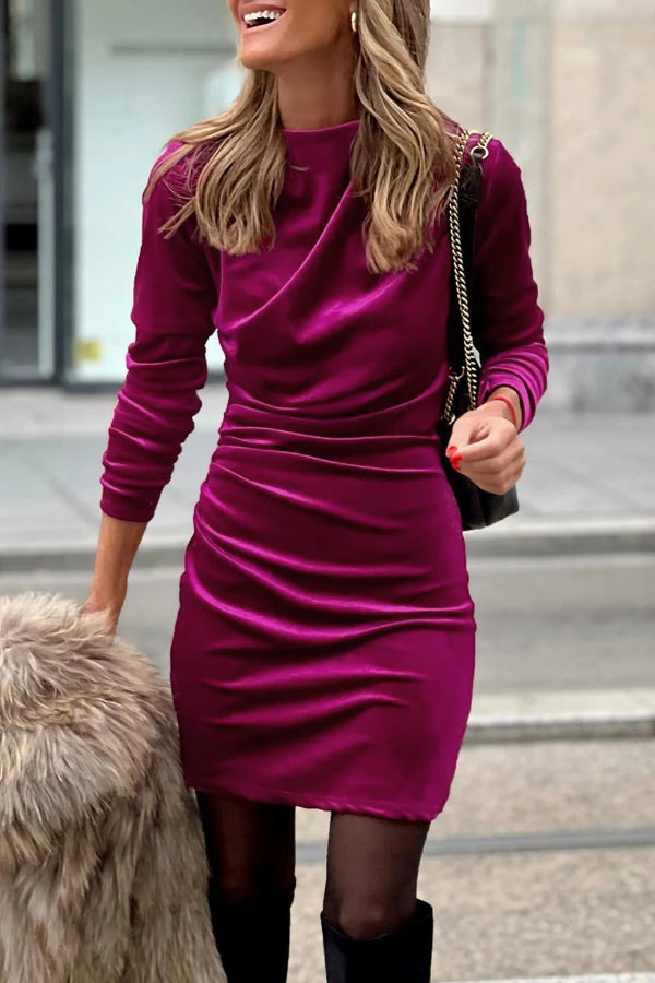 Pitaya Pink Velvet Mock Neck Ruched Long Sleeve Bodycon Dress ...