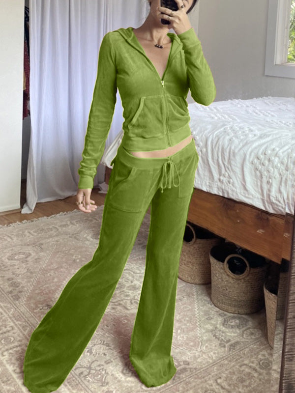 Green Vintage Velvet Tracksuit Set with Zip and Hood – Classylooker