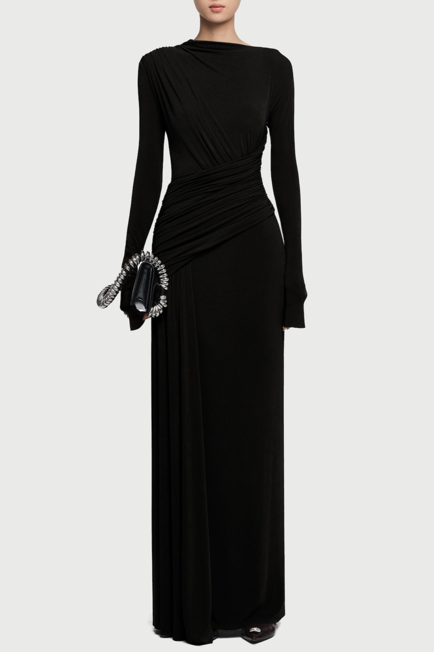 Fiada Draped Long Sleeve Maxi Dress - Black – Classylooker