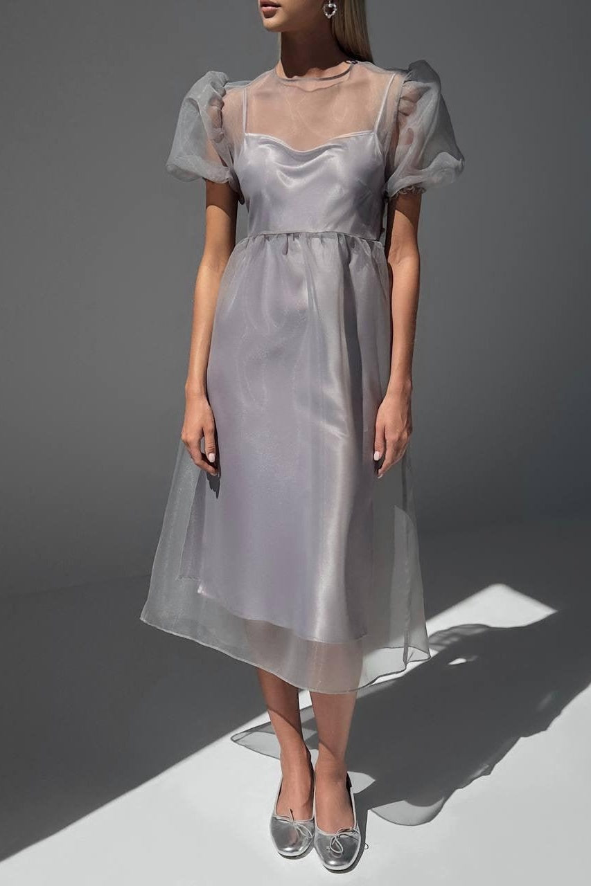 Claire Sheer Organza Puff Sleeve Midi Dress – Classylooker