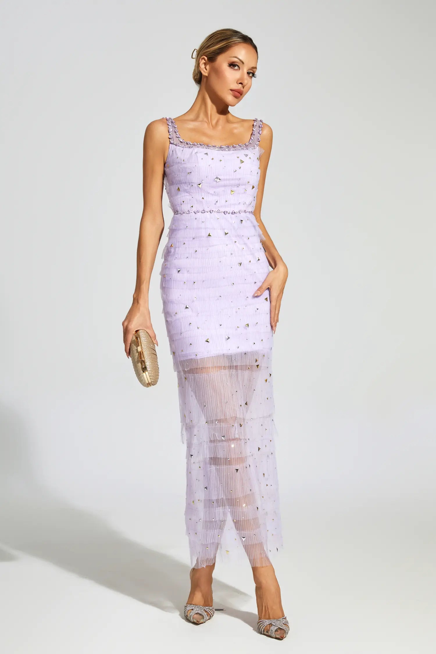 Jennings Purple Diamond Mesh Midi Dress – Classylooker