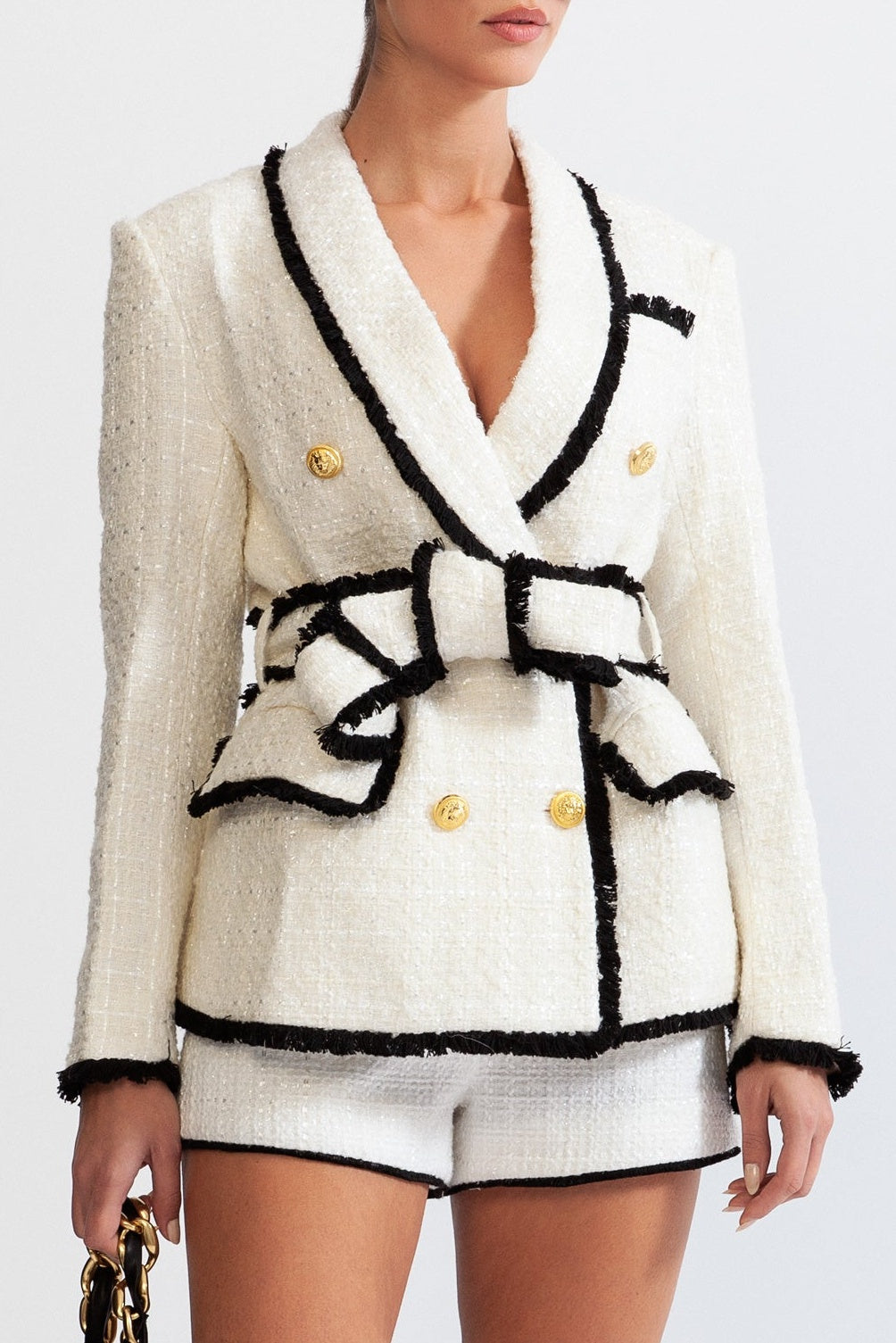 Mishka Breasted Tweed Jacket With Belt- White – Classylooker