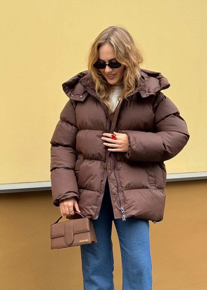 Hooded Chocolate Puffer Jacket - Cozy and Trendy – Classylooker