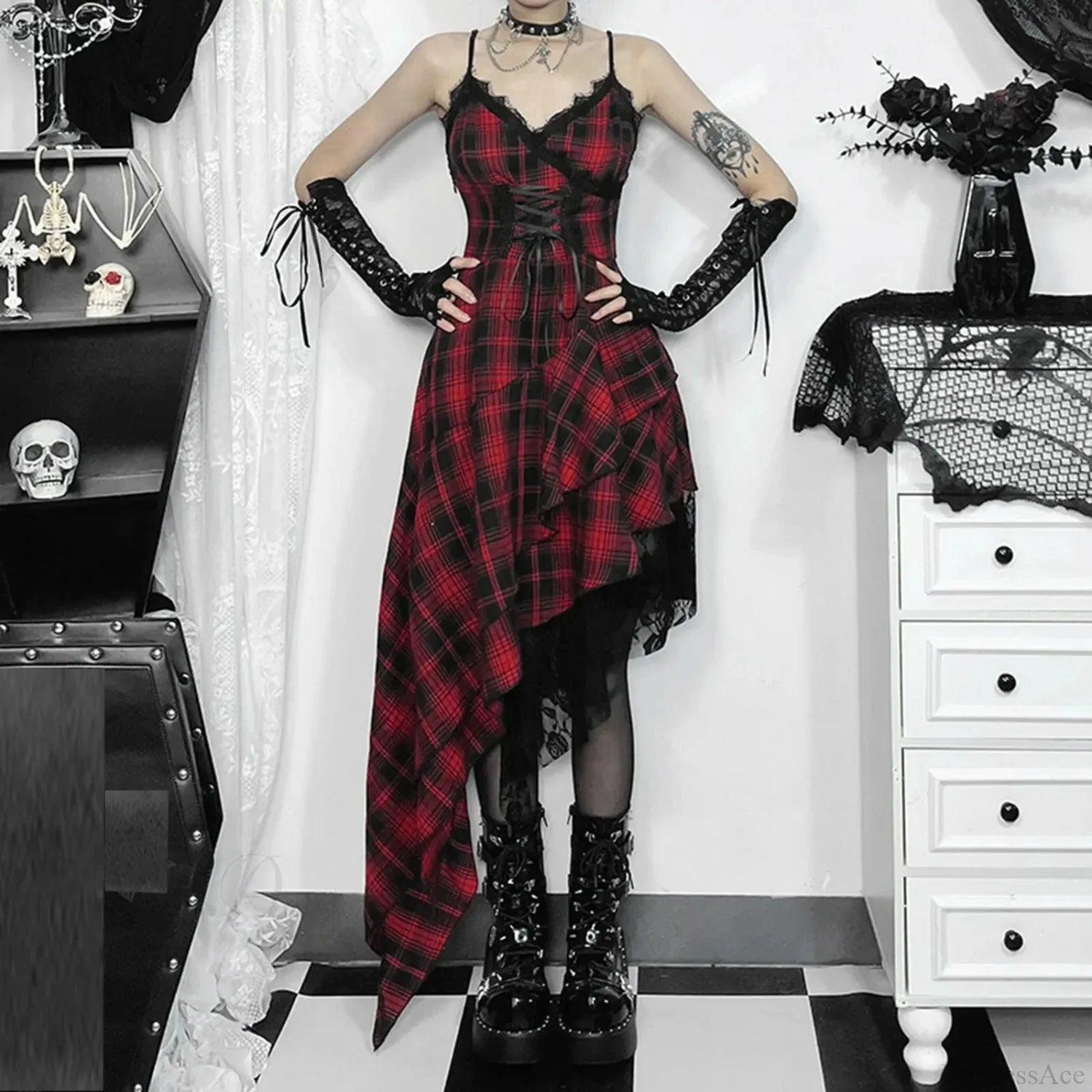 Checkered Suspenders Rebel Rock Midi Dress – Classylooker
