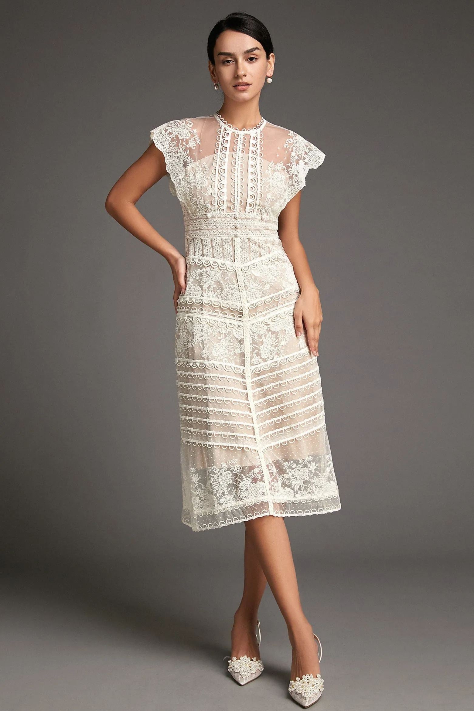 Lydia Flower Embroidered Mesh Midi Dress – Classylooker