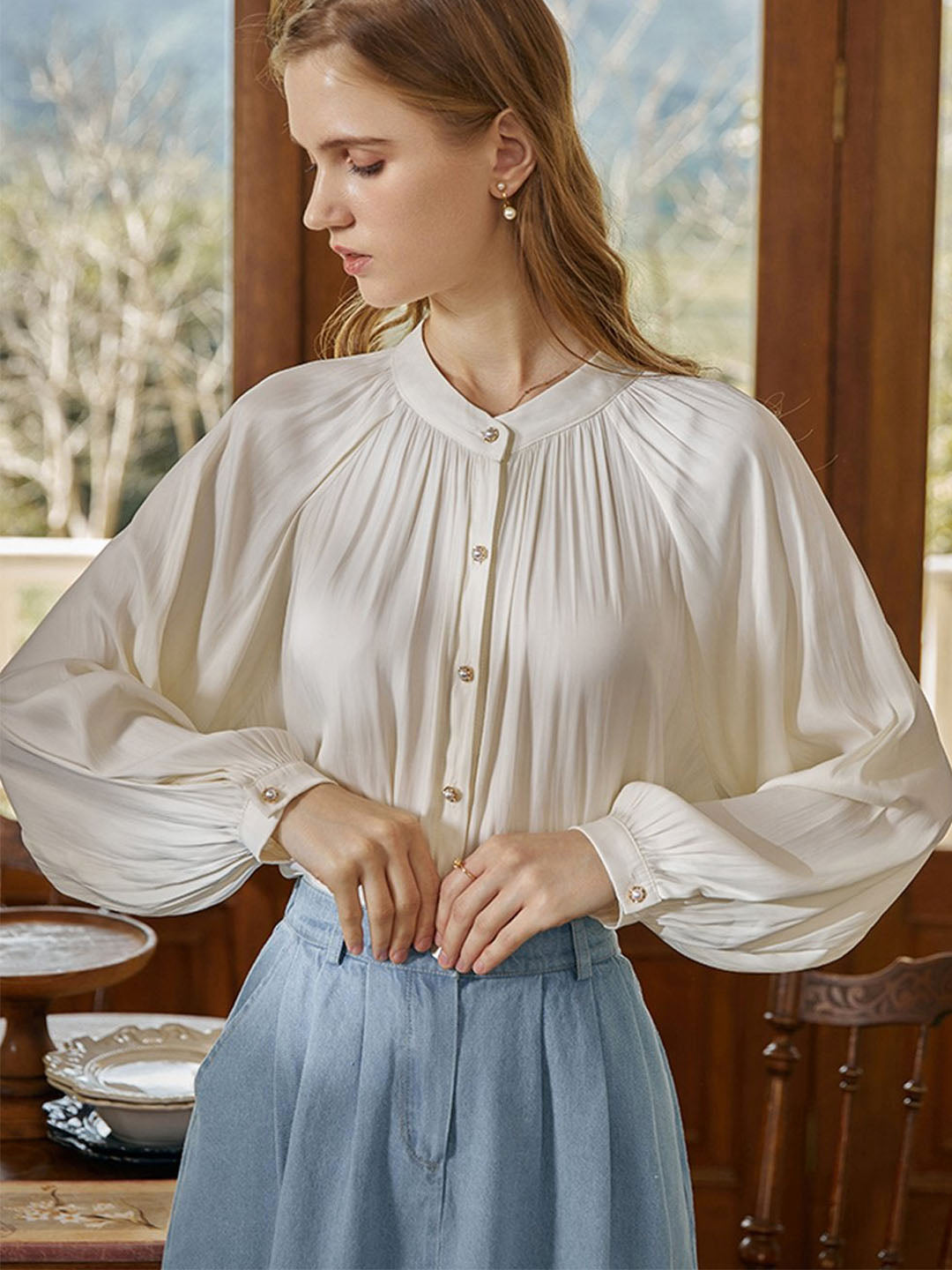 Emma Stand Collar Pleated Vintage Blouse – Classylooker