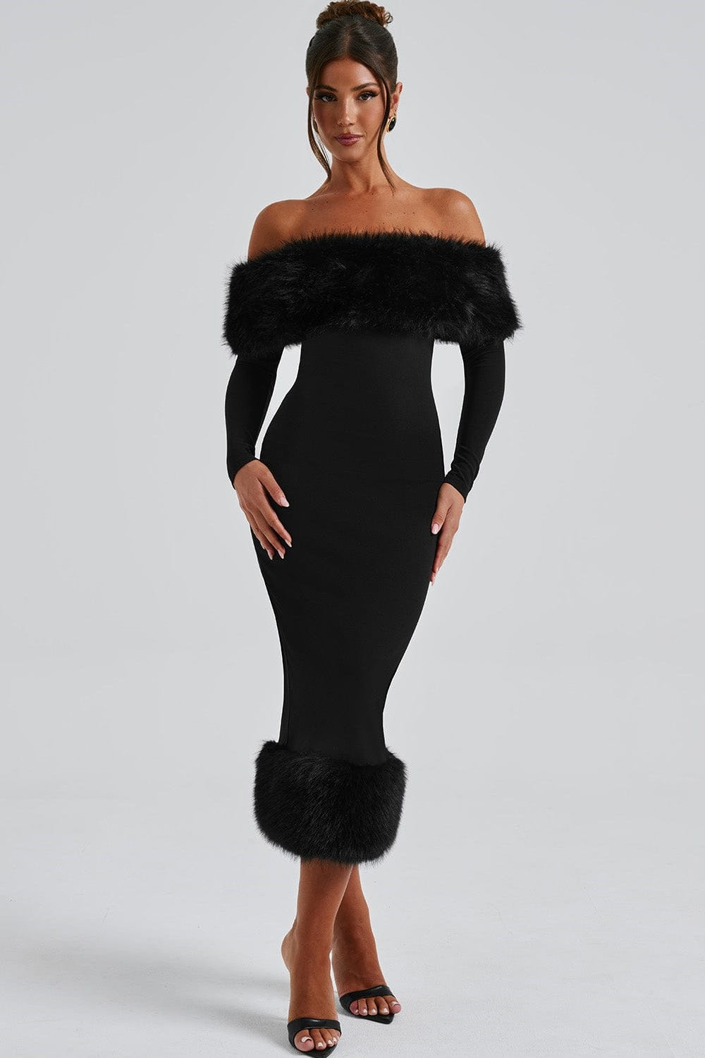 Anna Off Shoulder Faux Fur Trim Midi Dress – Classylooker